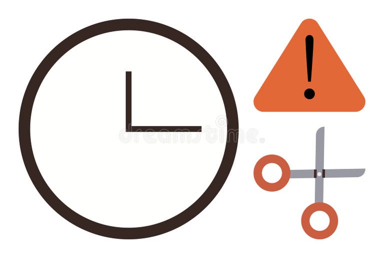 Time Management Concept with Clock, Scissors, and Caution Sign Elements ...