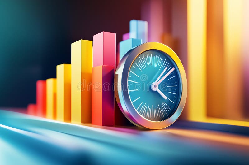 Time Management Concept: Colorful Bar Graph and Clock Goal Chart Growth ...