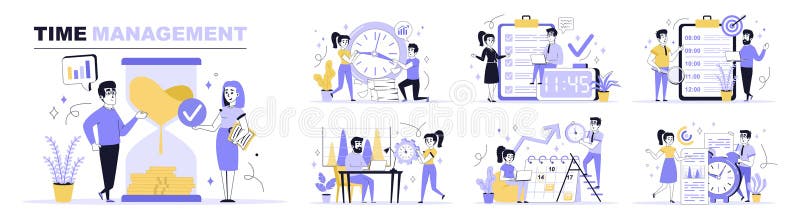 Time Management Concept Set in Flat Web Design. Collection with People ...
