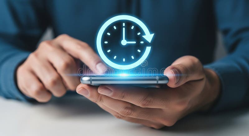 Managing Time with Mobile App Concept Hands Holding Phone with Clock ...