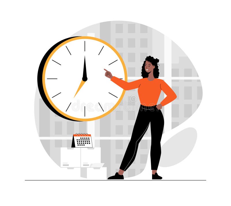 Time Management Concept. Woman with a Big Clock, Controls Time and ...