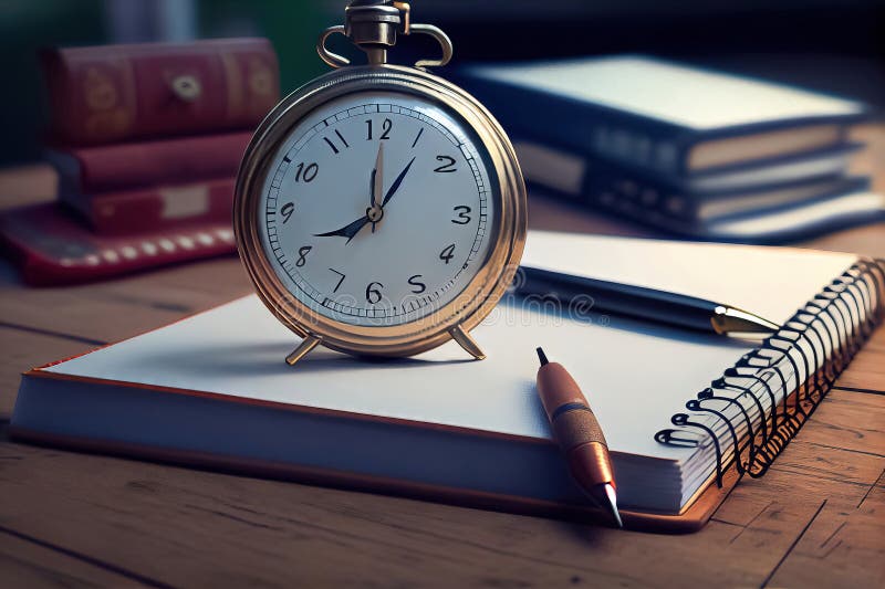 Time Management Essentials: Clock, Pen, and Notebook on Wooden Desk ...