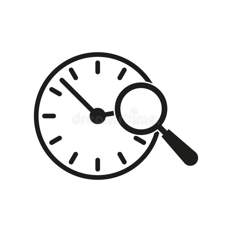 Time Management Icon. Clock and Magnifying Glass. Black and White ...