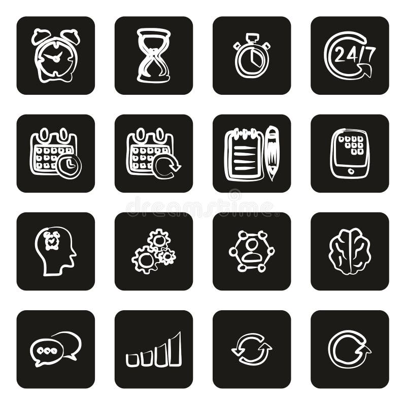 Time Management Icons Freehand White on Black Stock Vector ...