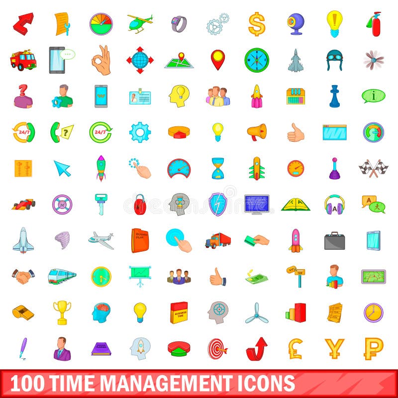 100 Time Management Icons Set, Cartoon Style Stock Vector ...