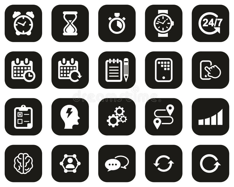 Time Management Icons White on Black Sticker Set Big Stock Vector ...