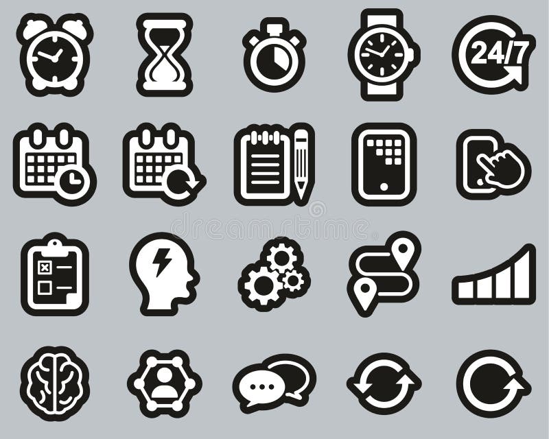 Time Management Icons White on Black Sticker Set Big Stock Vector ...