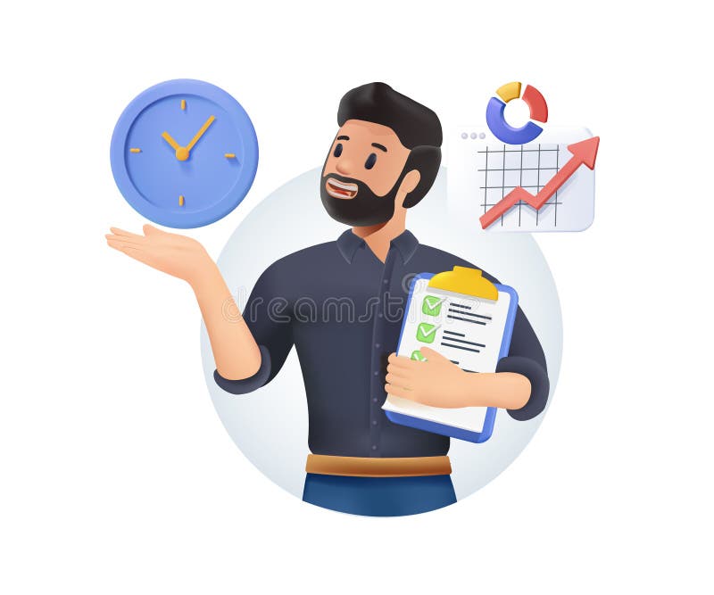 Time Management Illustration in 3D Style. Concept Illustration of Man ...