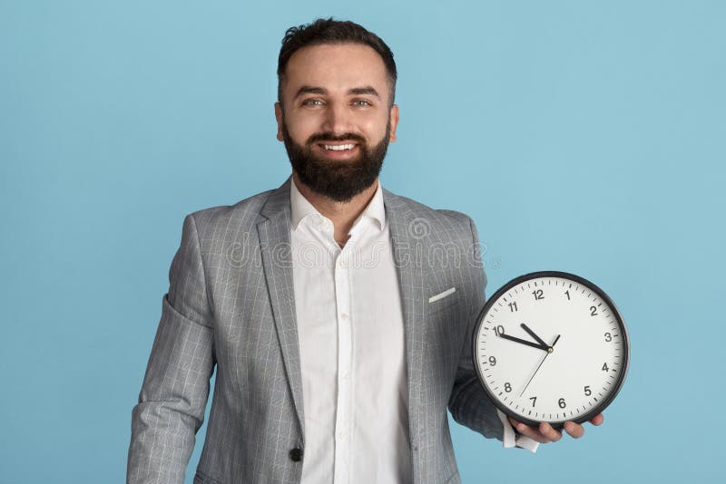 Time Management and Optimization. Happy Businessman Holding Analog ...