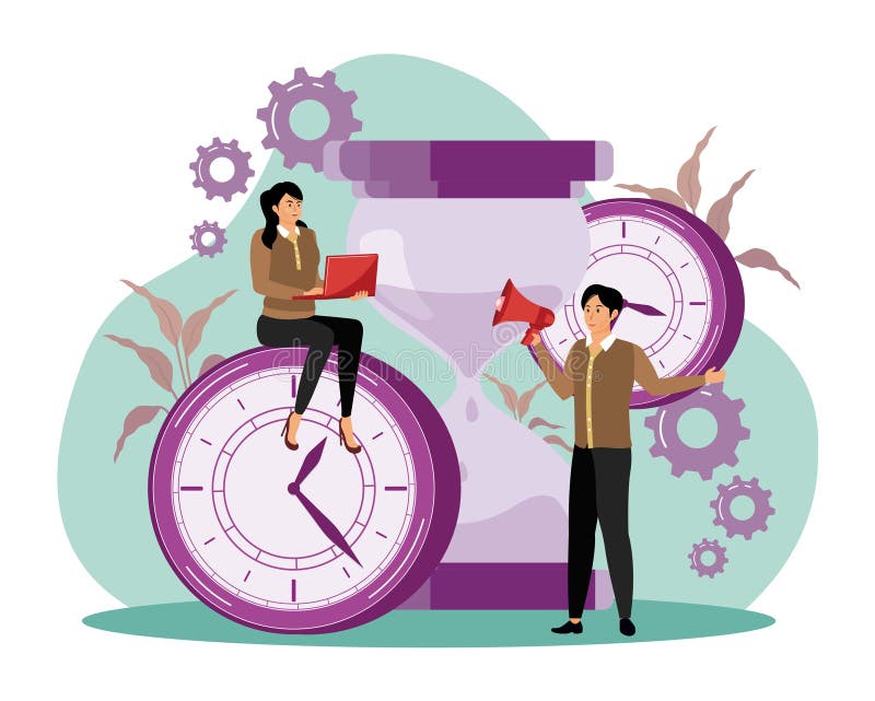 Time Management with People Work Near Big Clock and Hourglass. Stock ...