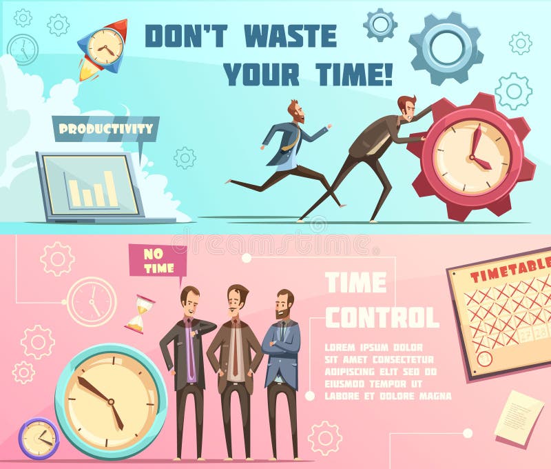 Time Management Retro Cartoon Banners Stock Vector - Illustration of ...