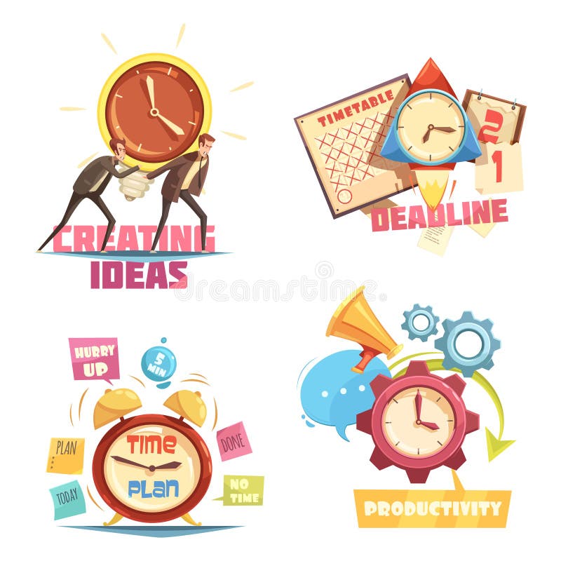 Time Management Retro Cartoon Compositions Stock Vector - Illustration ...