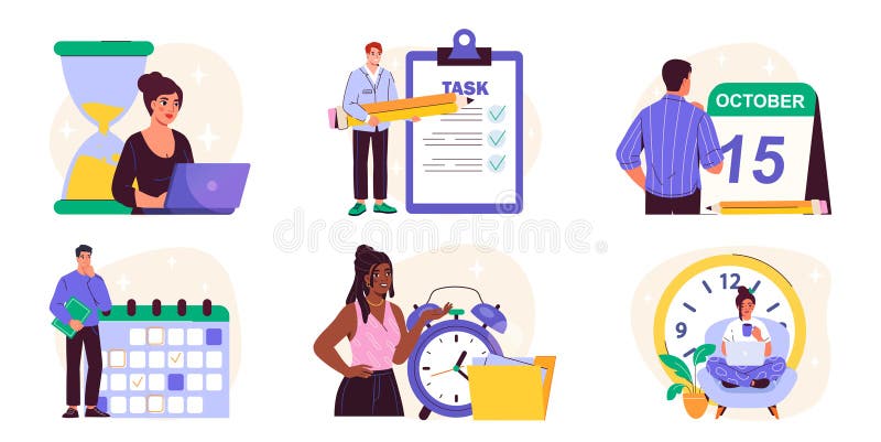 Time Management Set. People with Clocks and Calendar. Efficient Work ...