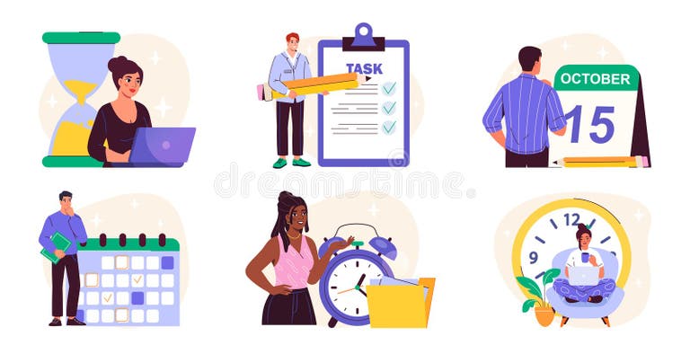Time Management Set. People with Clocks and Calendar. Efficient Work ...