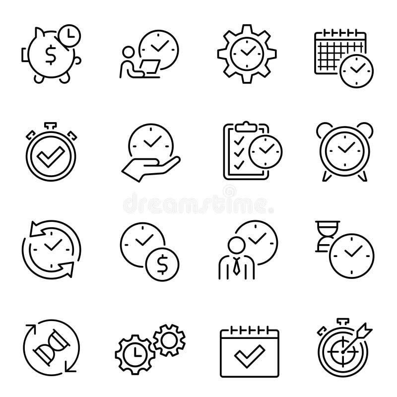 Time Management Thin Line Contour Icons Set Stock Vector - Illustration ...