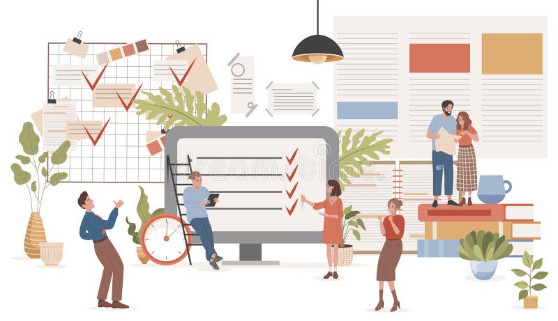 Time Management Vector Flat Illustration. Happy Smiling People Planning ...