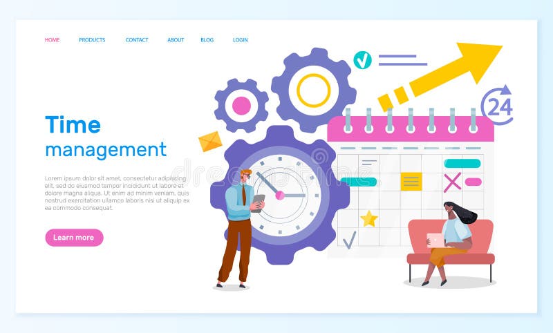 Time Management Webpage Template. Group of Businessmen Working Near Big ...