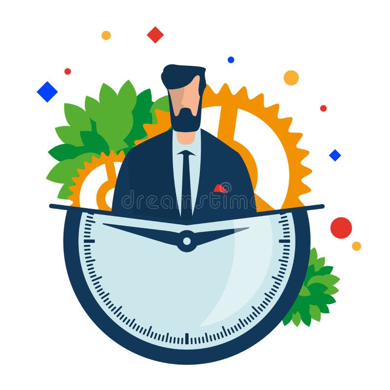 Time Management. Working Hours. Manager with a Clock and Gears. Stock ...