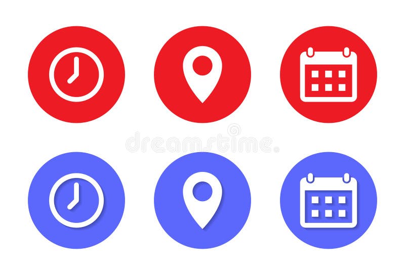 Time, Map Pin, and Calendar Icon Vector in Flat Style. Clock, Location ...