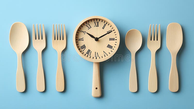 Time for a Meal. Wooden Utensils and Clock Stock Illustration ...