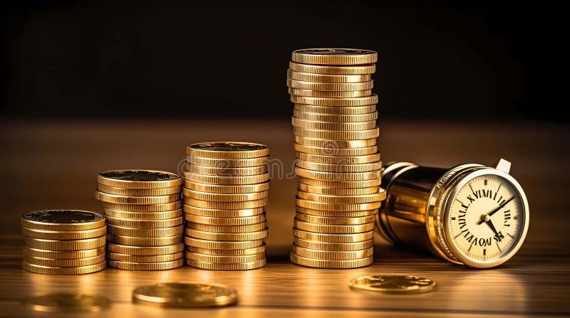 Time is Money Concept, Clock and Coins on the Wooden Table, Generative ...