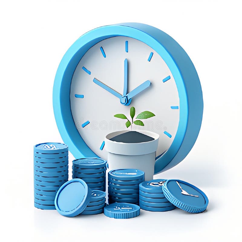 Time and Money Growth Concept Illustrated with Clock, Coins, and Plant ...