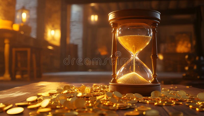 Time is Money: Sand Clocks with Coins on a Table Stock Image - Image of ...