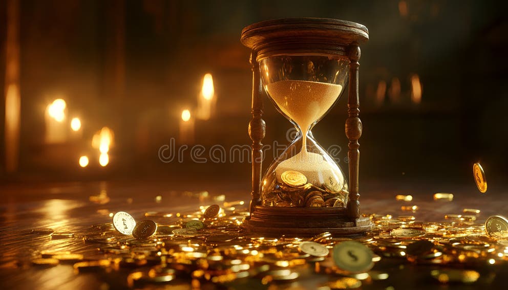 Time is Money: Sand Clocks with Coins on a Table Stock Image - Image of ...