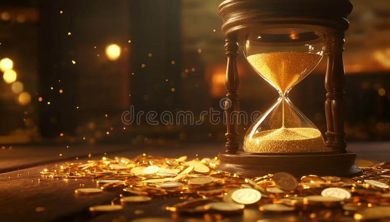 Time is Money: Sand Clocks with Coins on a Table Stock Photo - Image of ...