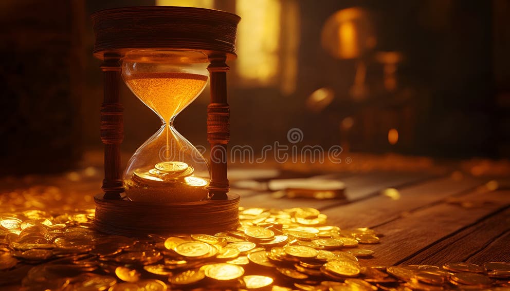Time is Money: Sand Clocks with Coins on a Table Stock Photo - Image of ...