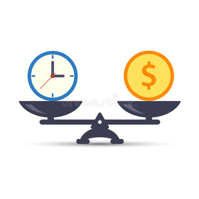 Time and Money on Scales Icon. Man Balances Money Vs Time Concept ...