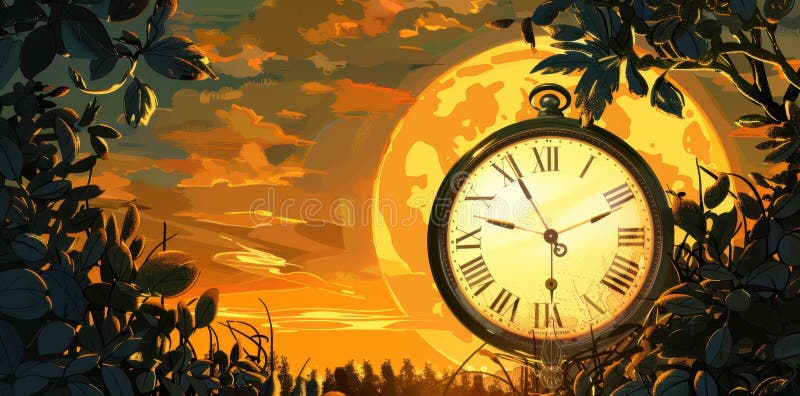 Time and Nature S Embrace, a Surreal Clock and Moon Illustration Stock ...