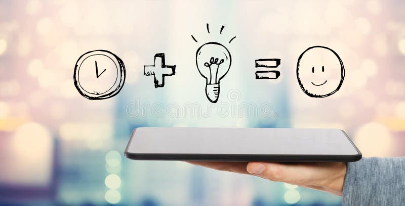 Time Plus Idea Equals Happy with Tablet Computer Stock Illustration ...