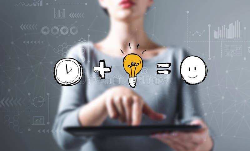 Time Plus Idea Equals Happy with Woman Using a Tablet Stock Image ...