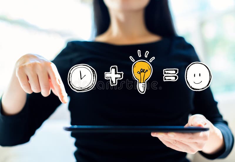 Time Plus Idea Equals Happy with Woman Using Tablet Stock Image - Image ...