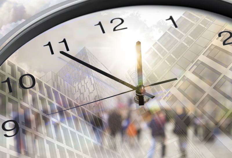 Time Related Concepts. Multiple Exposure of Clock, Office Buildings and ...