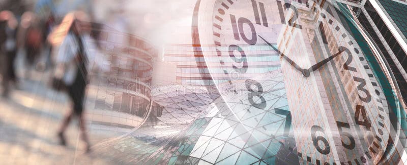 Time Related Concepts. Multiple Exposure of Clock, Office Buildings and ...