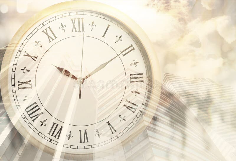 Time Related Concepts. Multiple Exposure of Clock, Office Buildings and ...