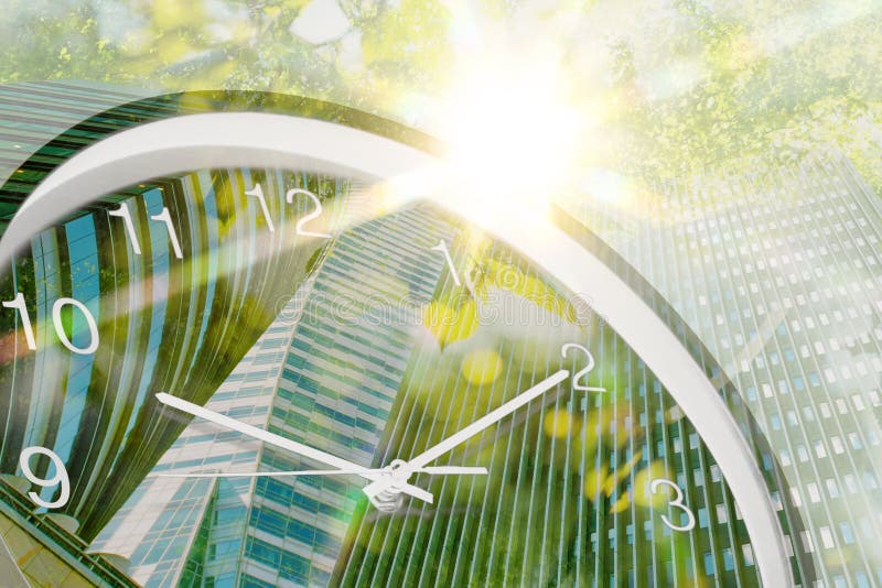 Time Related Concepts. Multiple Exposure of Clock, Office Buildings and ...