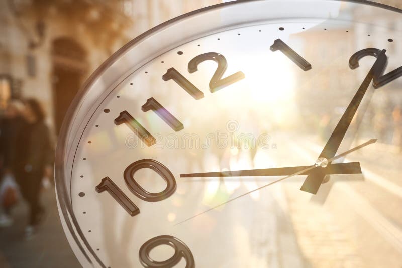 Time Related Concepts. Multiple Exposure of Clock, Office Buildings and ...