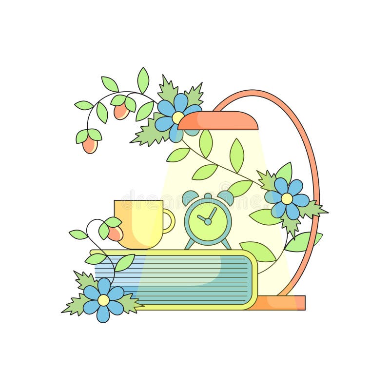 Time for Rest and Reading. Composition with Book, Lamp and Clock Stock ...