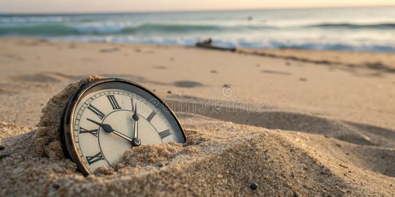 Time Running Out on Beach Antique Clock Half-Buried in Sand, Ocean ...