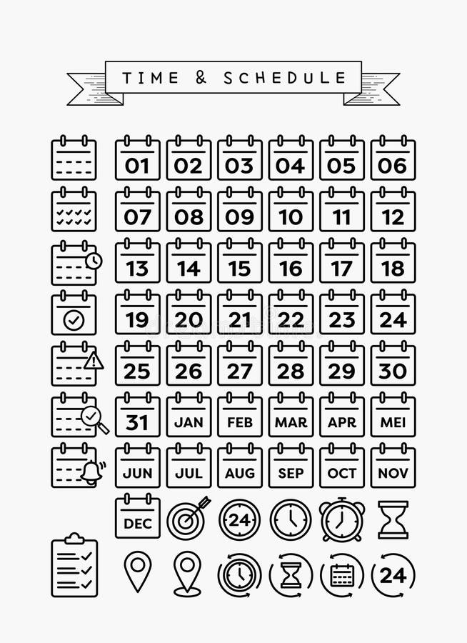 Time and Date Calendar Concept Editable Stroke Outline Icons Set Stock Vector - Illustration of ...