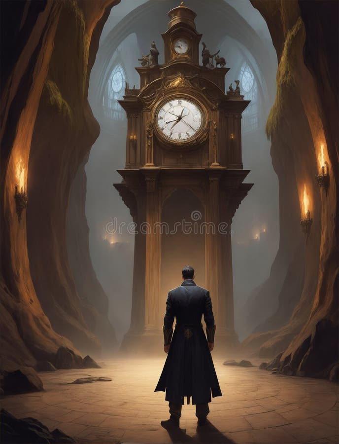 Man Standing in Front of Large Clock Stock Illustration - Illustration ...