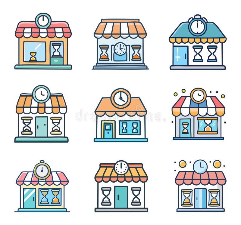 Collection of Cute Time Shop Building Icons Stock Vector - Illustration ...