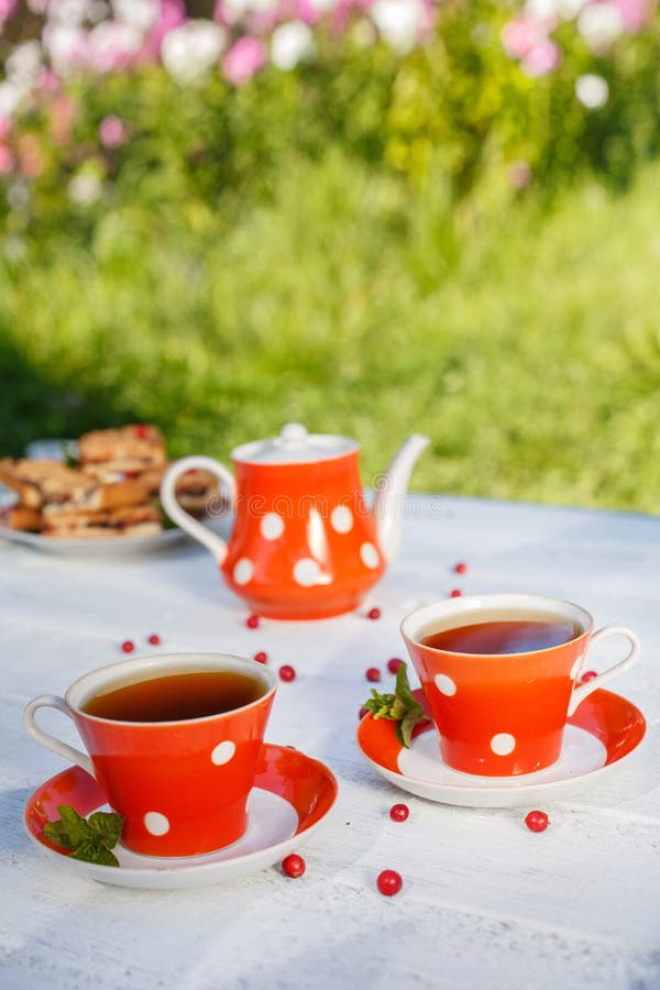 Time To Drink Tea Outdoors in the Garden. Summertime Scene Stock Photo ...