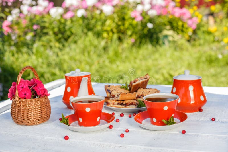 Time To Drink Tea Outdoors in the Garden. Summertime Scene Stock Photo ...