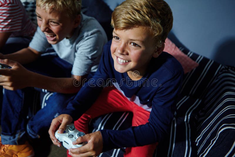 Boys Playing Video Game, Controller and Friends Gaming with Technology ...