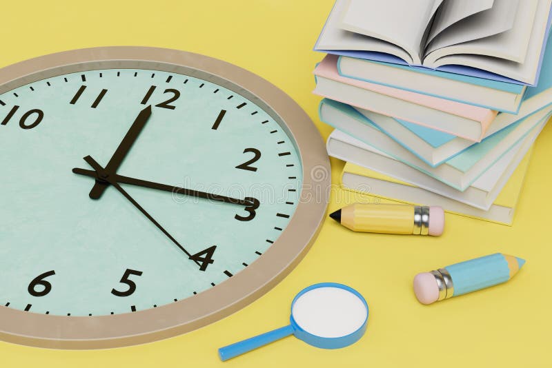 Time To Learn. Round Wall Clock Next To Books, Pencils and a Magnifying ...