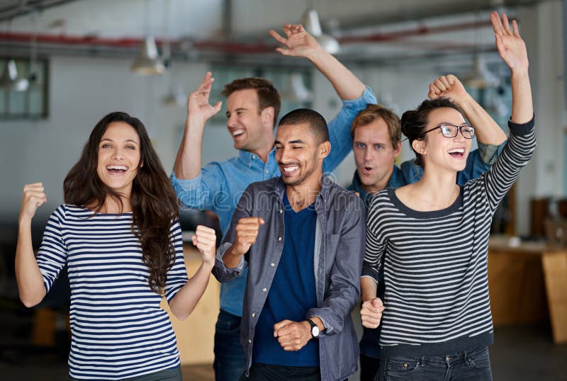 Time To Party. Group of Office Staff Shouting and Dancing Together in ...